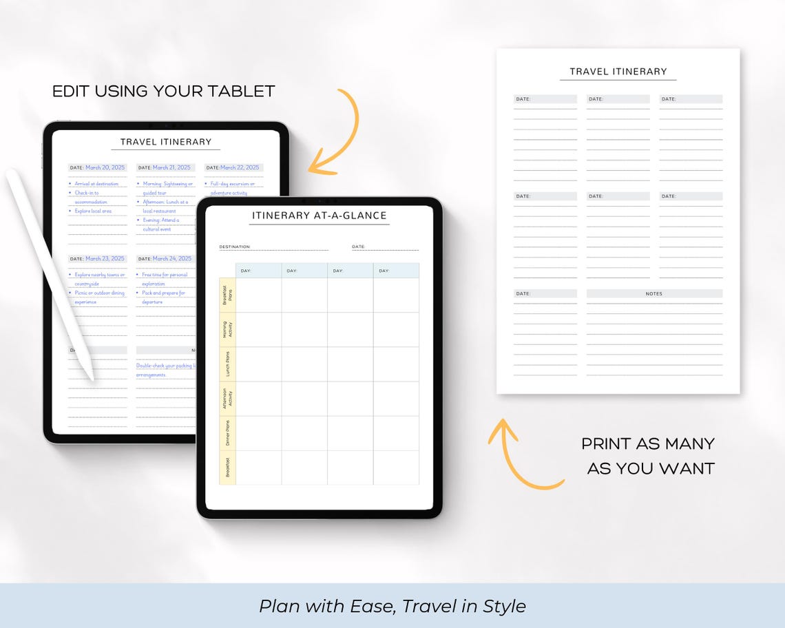 5 Versions Simple Travel Itinerary Printable & Digital Use, Travel ...