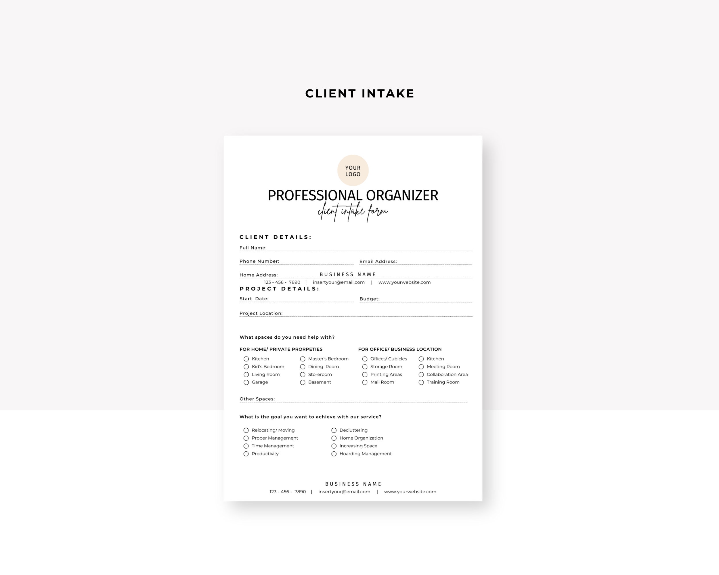 Editable Professional Organizer Contract Template, Client Intake Form ...