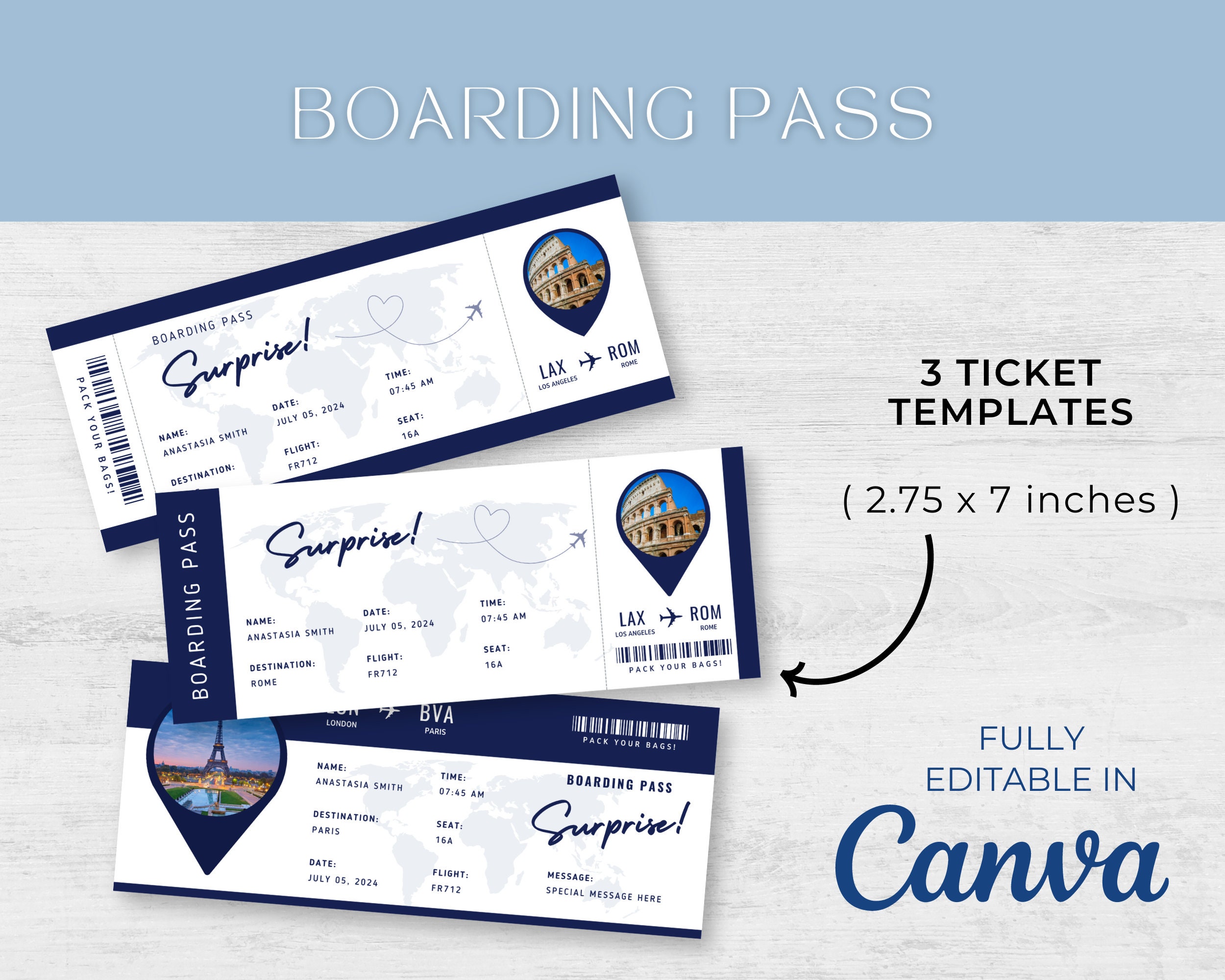 Editable Boarding Pass Template, Printable Personalized Airline Ticket ...