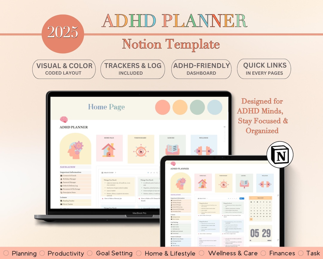 ADHD Notion Planner, Notion Template ADHD, Notion Dashboard, ADHD ...