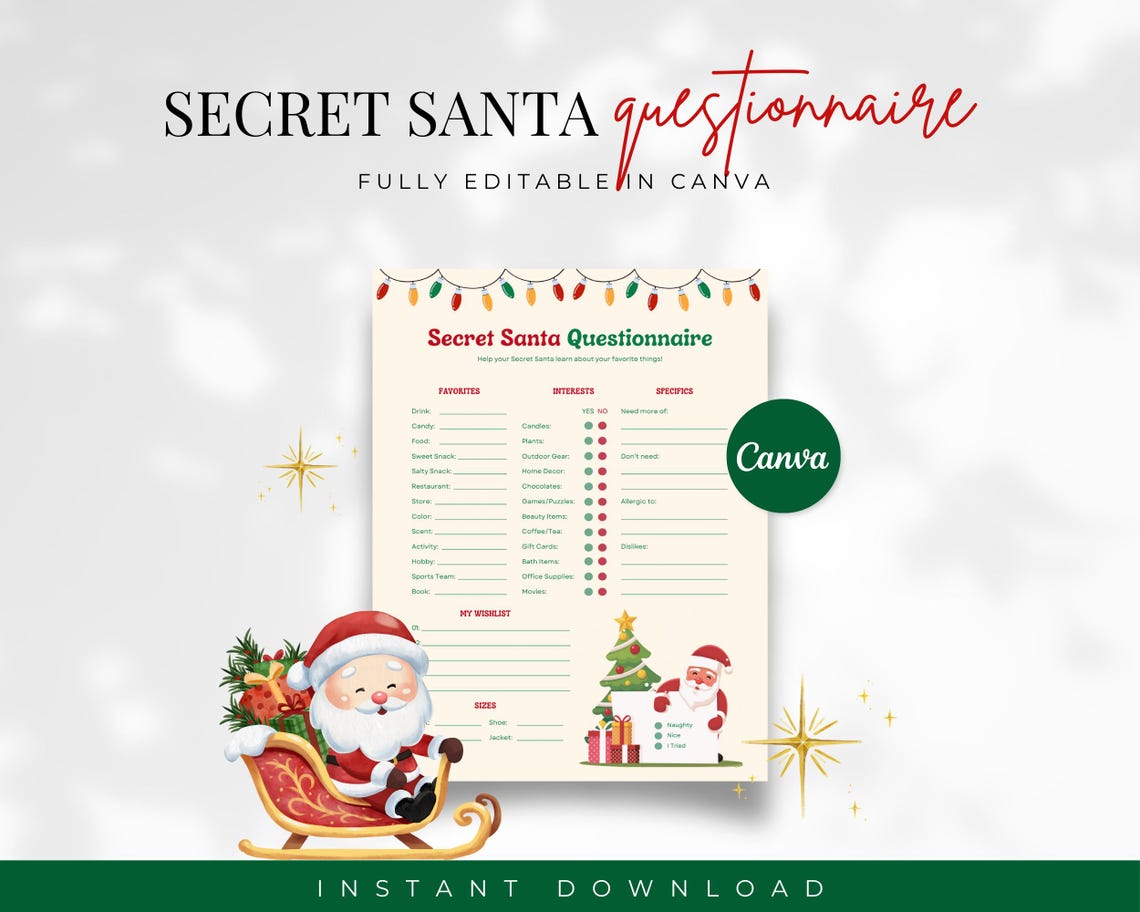 Secret Santa Questionnaire Template 4, Christmas Gift Exchange ...