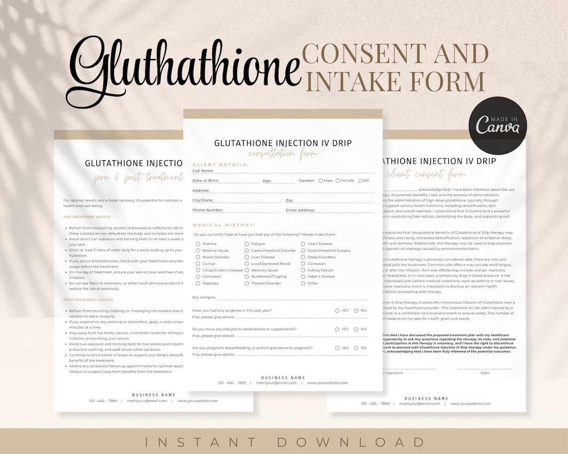 Glutathione Injection IV Drip Intake Form Template, Glutathione ...