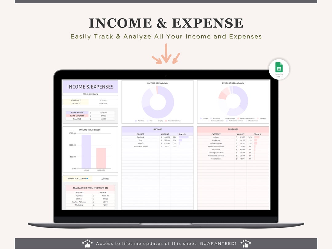 Income and Expense Tracker Spreadsheet for Google Sheets, Monthly ...