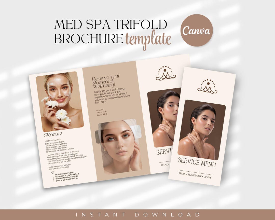 Med Spa Trifold Brochure Pamphlet, Med Spa and Massage Service, Med Spa Service Menu, Skincare ...