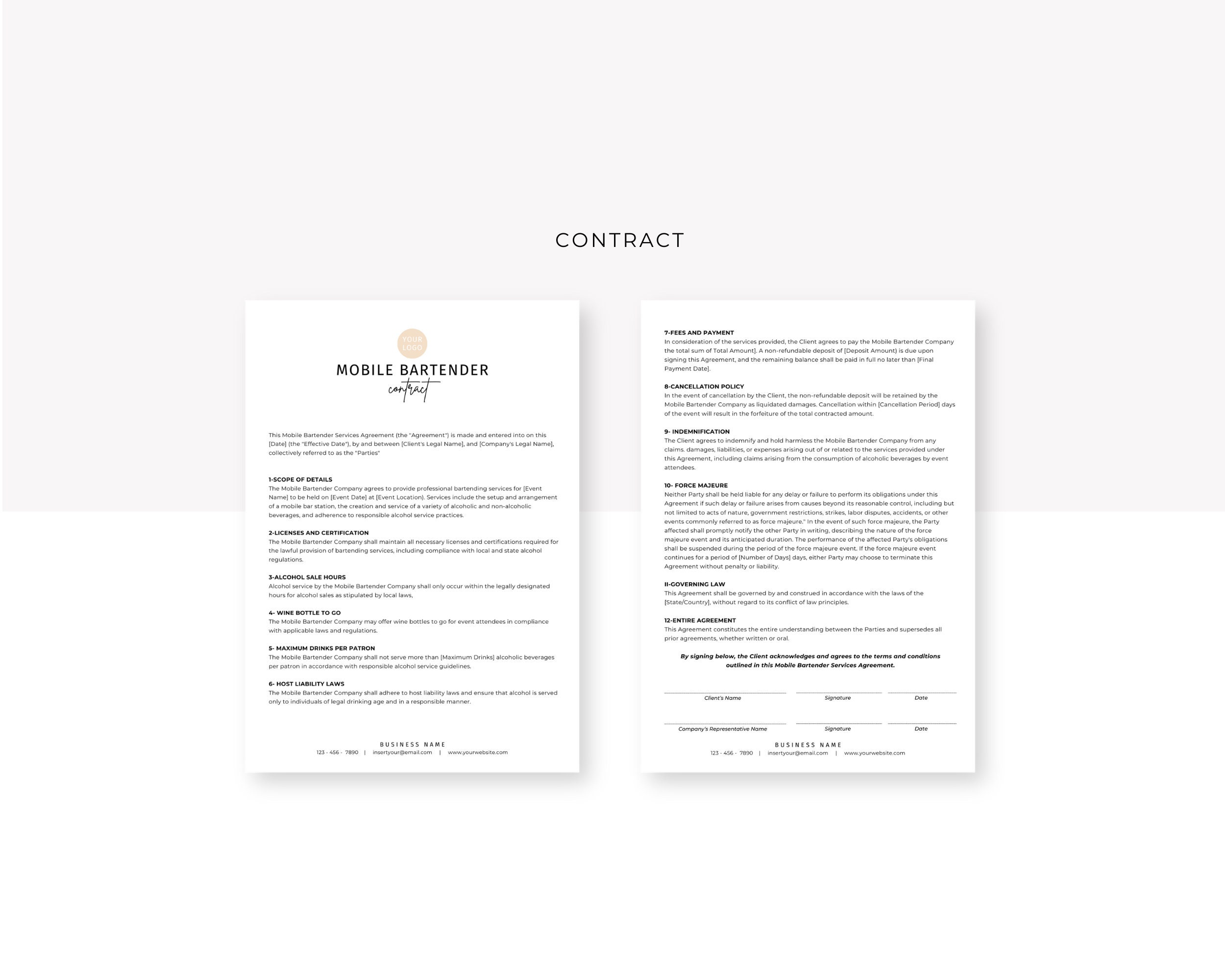 Mobile Bar Contract Template, Canva Editable Bartender Contract, Mobile ...