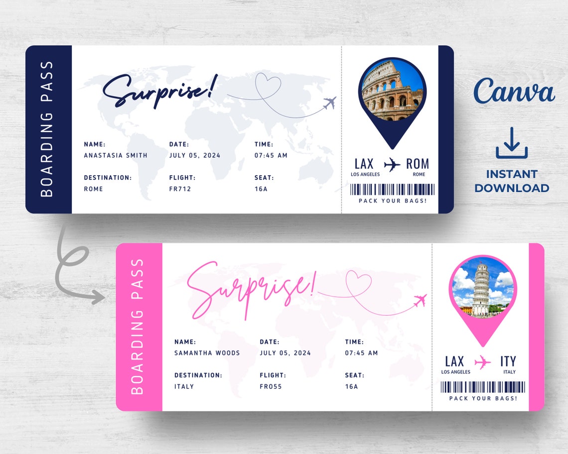 Editable Boarding Pass Template, Printable Personalized Airline Ticket ...
