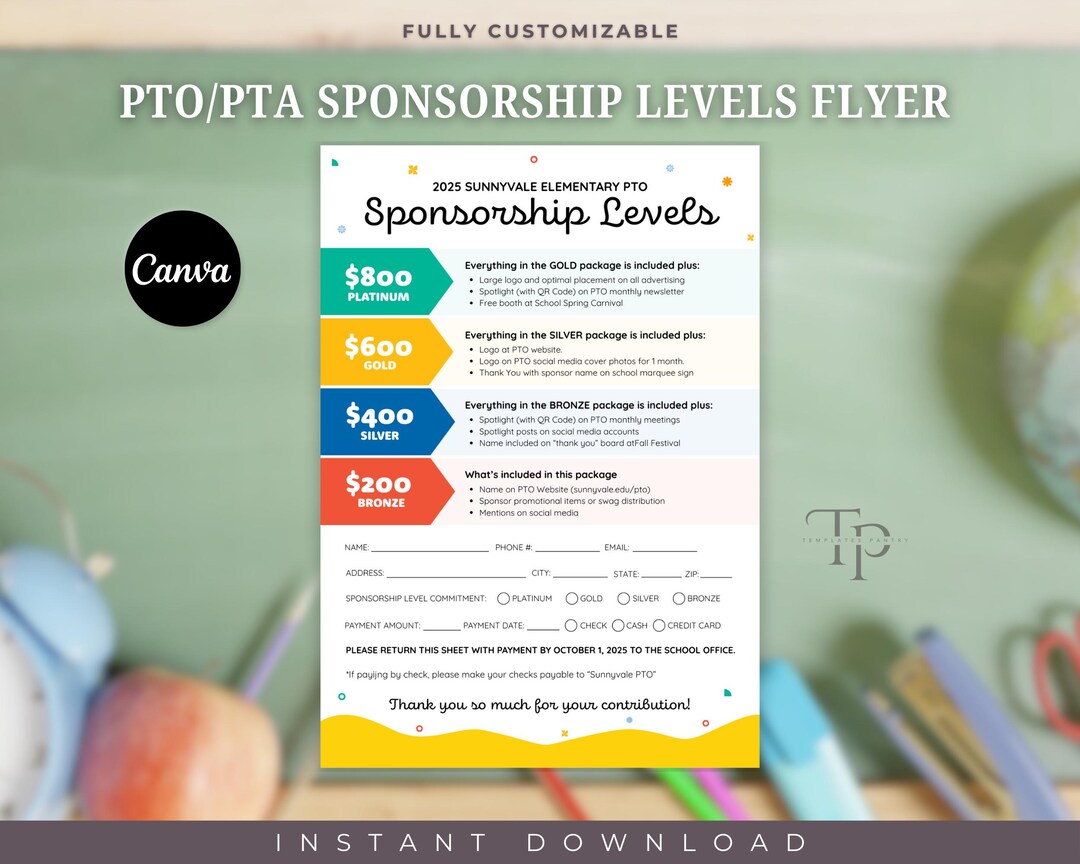 PTA/PTO Sponsorship Levels Flyer Template, PTA Flyer, School Education ...