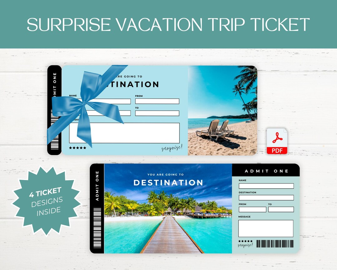 Printable Beach Holiday Trip Gift Ticket, Editable Vacation Ticket ...