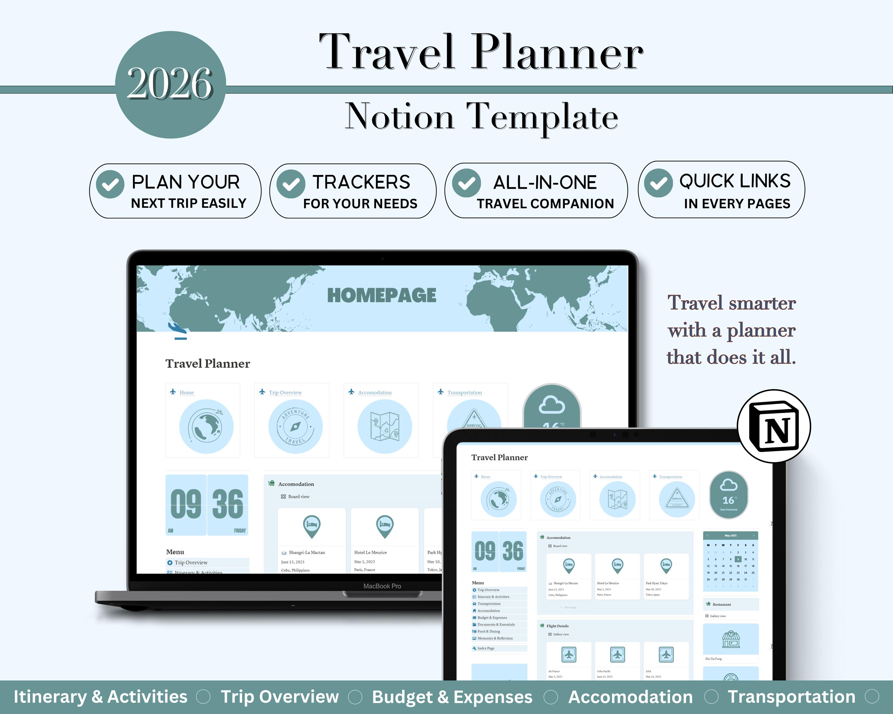 Travel Notion Planner, Notion Template Travel, Notion Dashboard, Travel ...