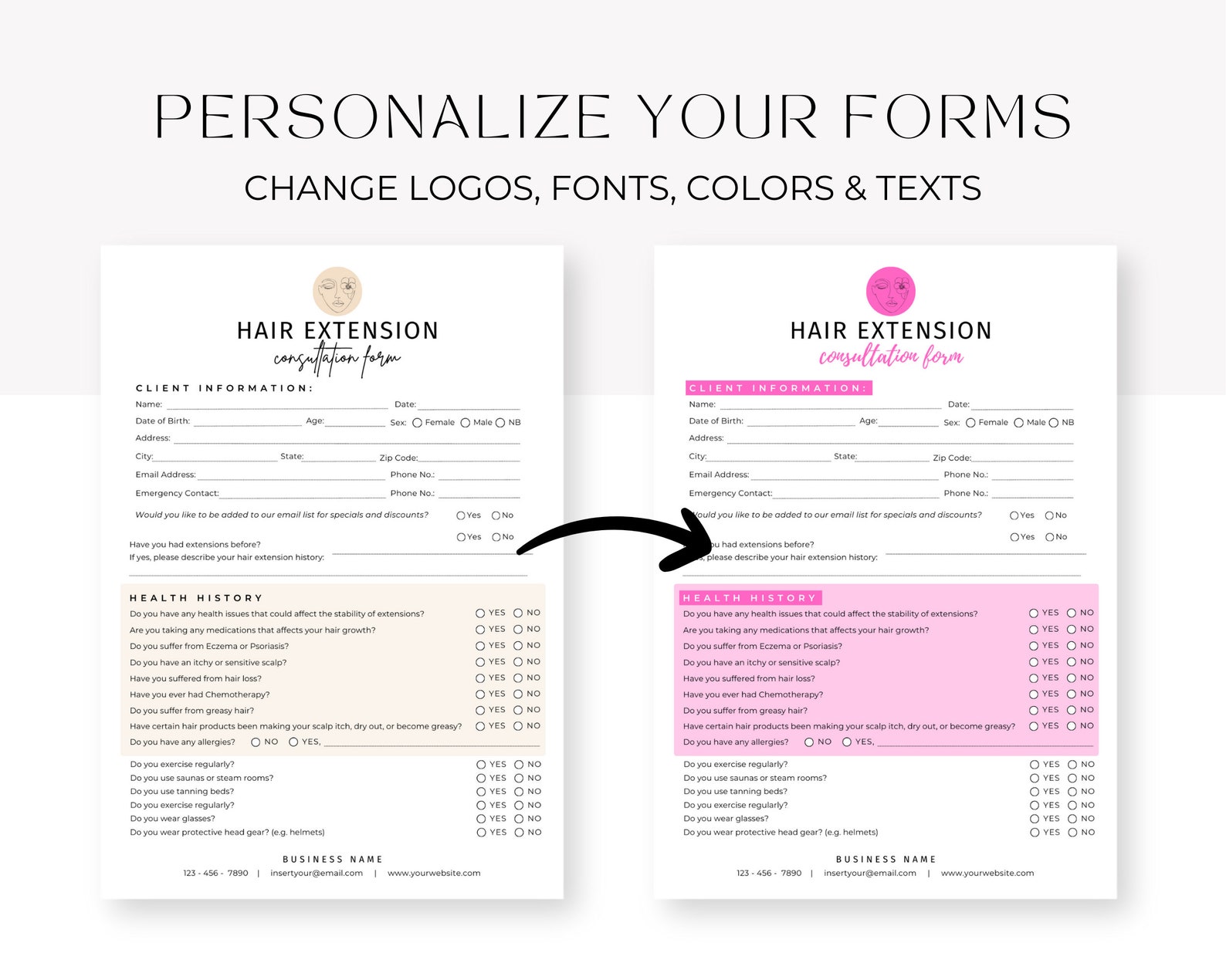 Hair Extension Forms, Hair Consultation, Hair Agreement, Hair ...