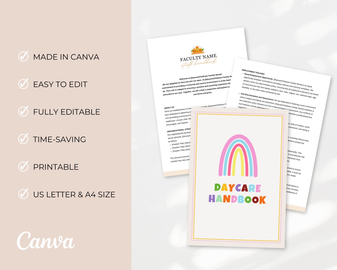 Daycare Staff Handbook, Editable Childcare Staff Handbook Template ...