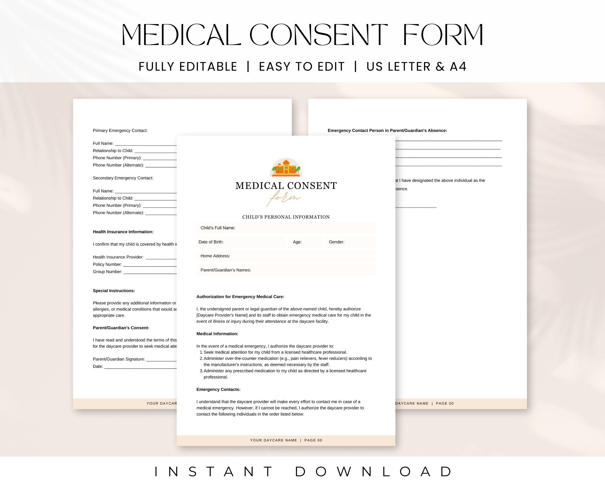 Child Medical Consent Form, in Case of Emergency, Printable Medical ...