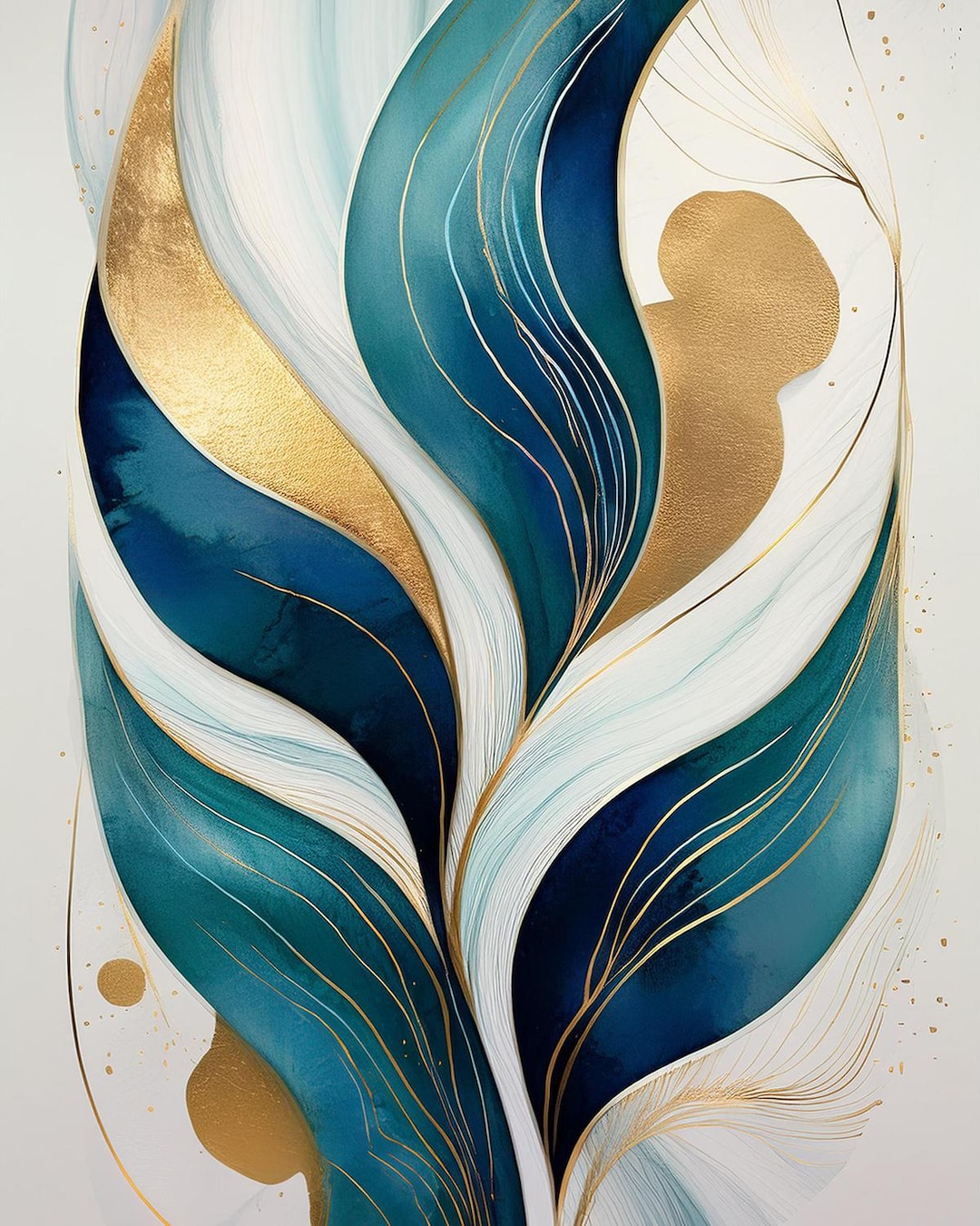 Energy Flow Abstract Digital Art Print - Gold and Teal Fluid Lines ...