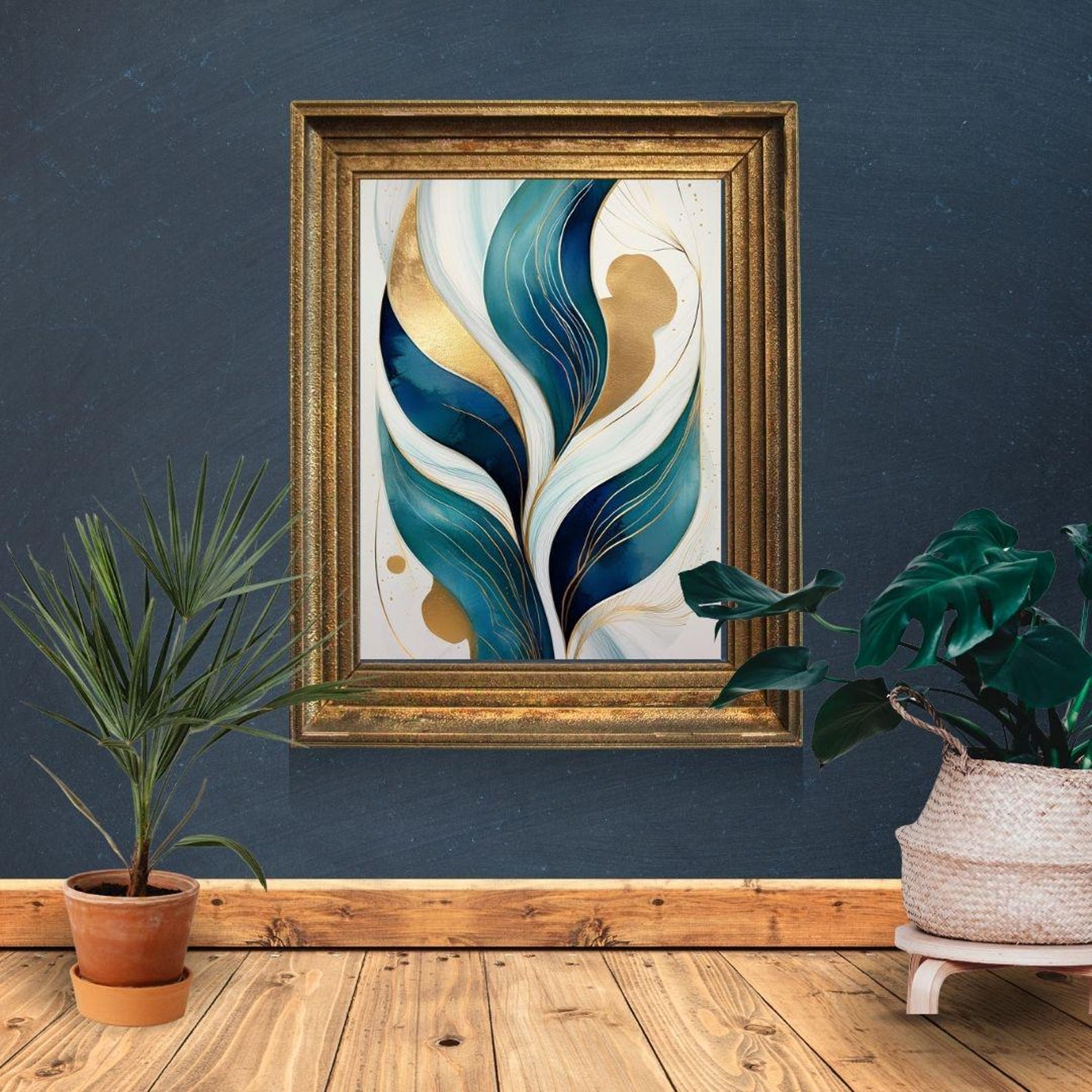 Energy Flow Abstract Digital Art Print - Gold and Teal Fluid Lines ...