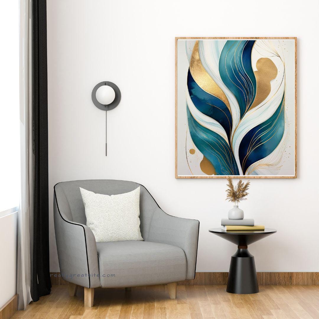 Energy Flow Abstract Digital Art Print - Gold and Teal Fluid Lines ...