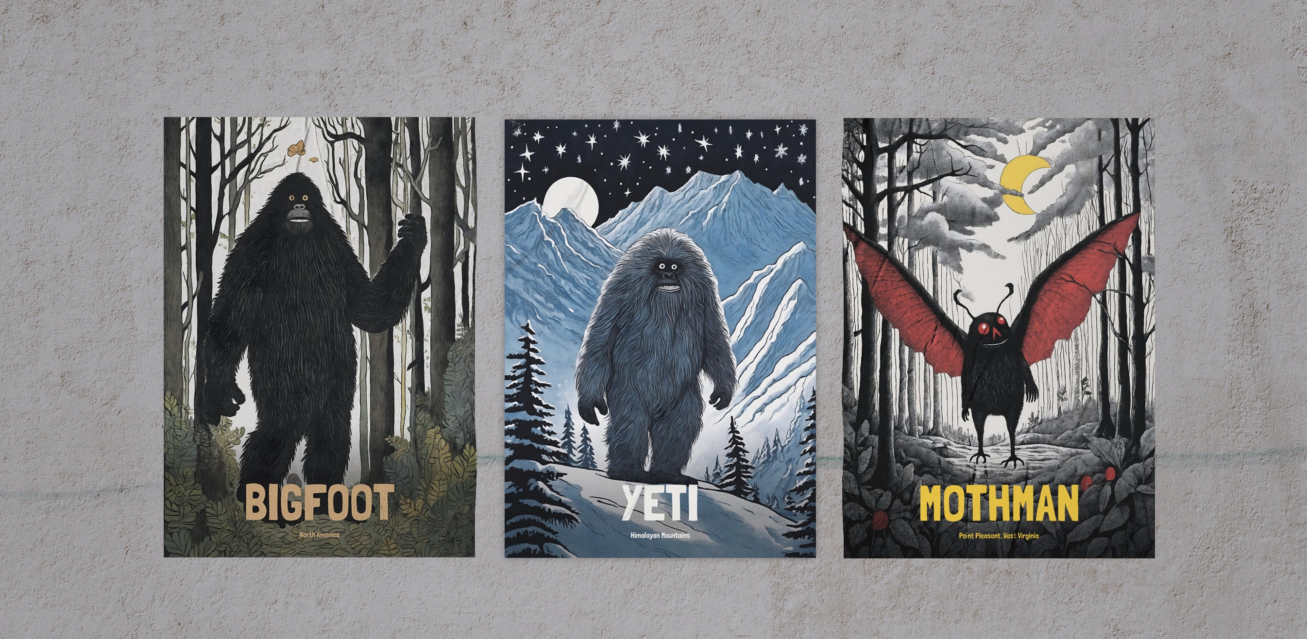 Cryptid Poster Bundle - Bigfoot, Yeti & Mothman Wall Art - Etsy