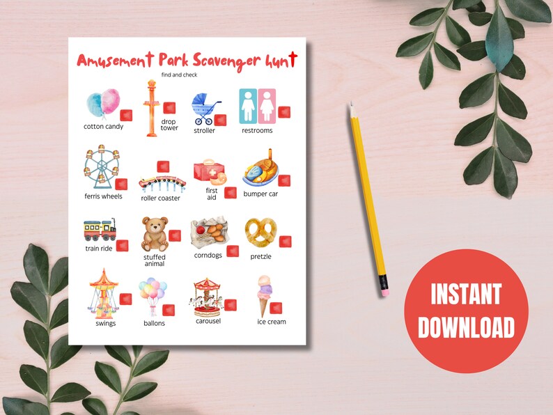 Printable Amusement Park Scavenger Hunt Summer Activity for Kids ...