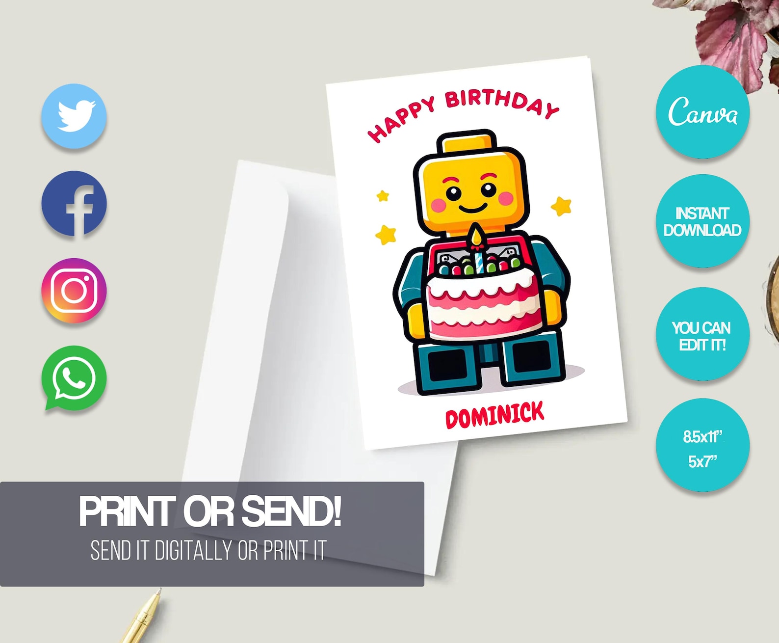 Building Blocks Birthday Card: Editable Kids Canva Template (5x7 or 8 ...