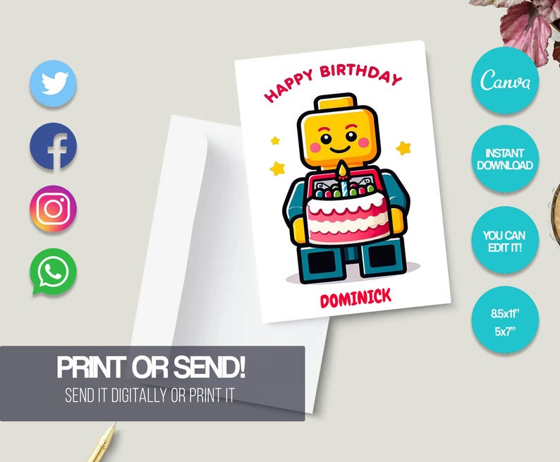 Building Blocks Birthday Card: Editable Kids Canva Template (5x7 or 8 ...