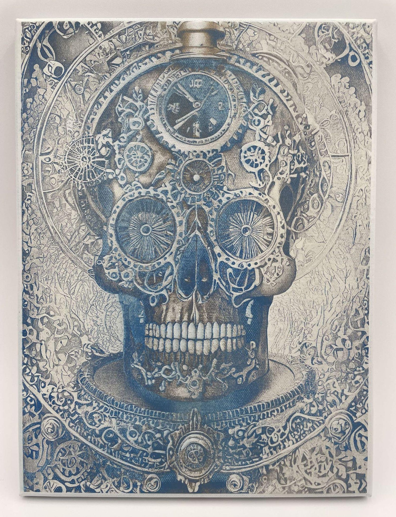 Steampunk, Sugar Skull With Clock, Blue and White, Laser Engraved on ...