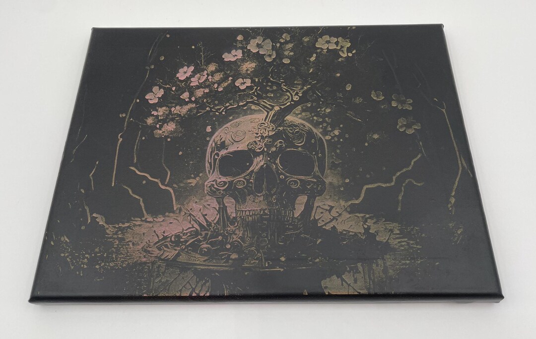 Sugar Skull With Cherry Blossom Tree, Pink and Black, Laser Engraved on ...