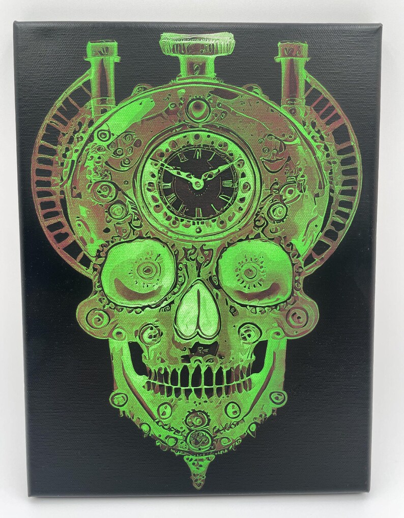 Steampunk, Sugar Skull With Clock, Black and Green, Laser Engraved on ...