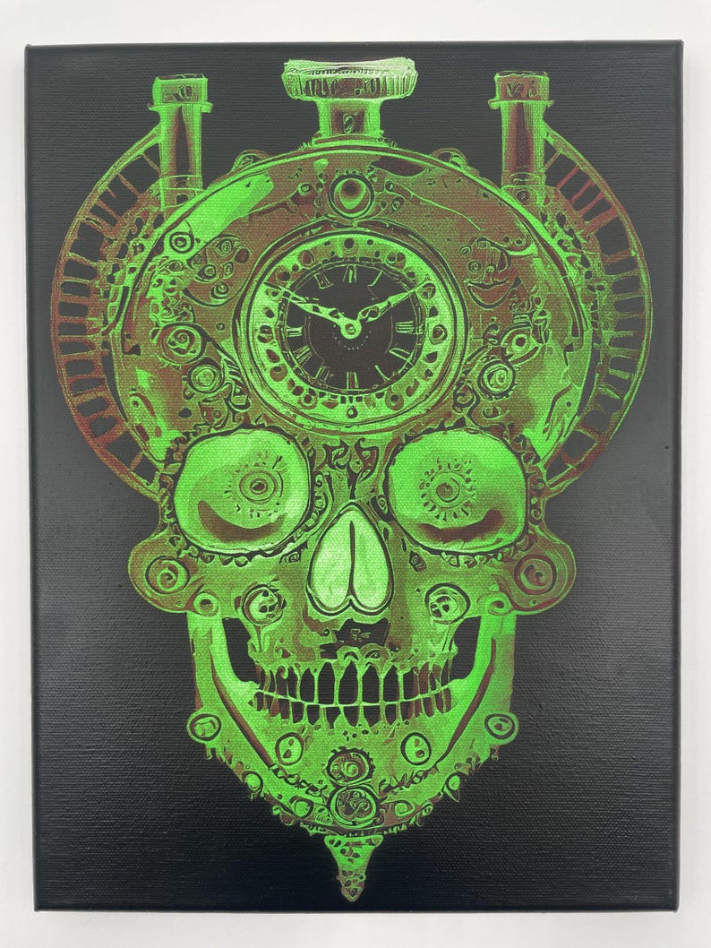 Steampunk, Sugar Skull With Clock, Black and Green, Laser Engraved on ...