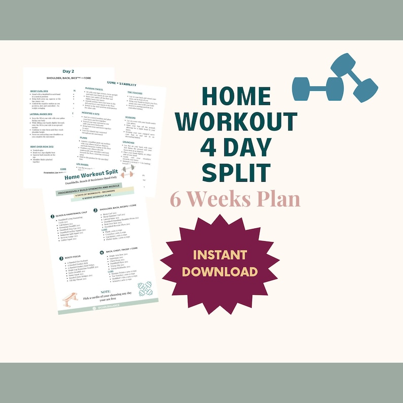 Home Workout 4 Day Spilt/strength Training Beginners Program/workout ...