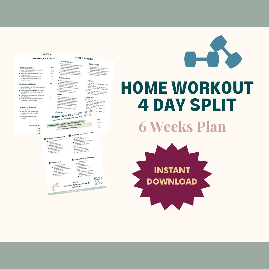 Home Workout 4 Day Spilt/strength Training Beginners Program/workout ...