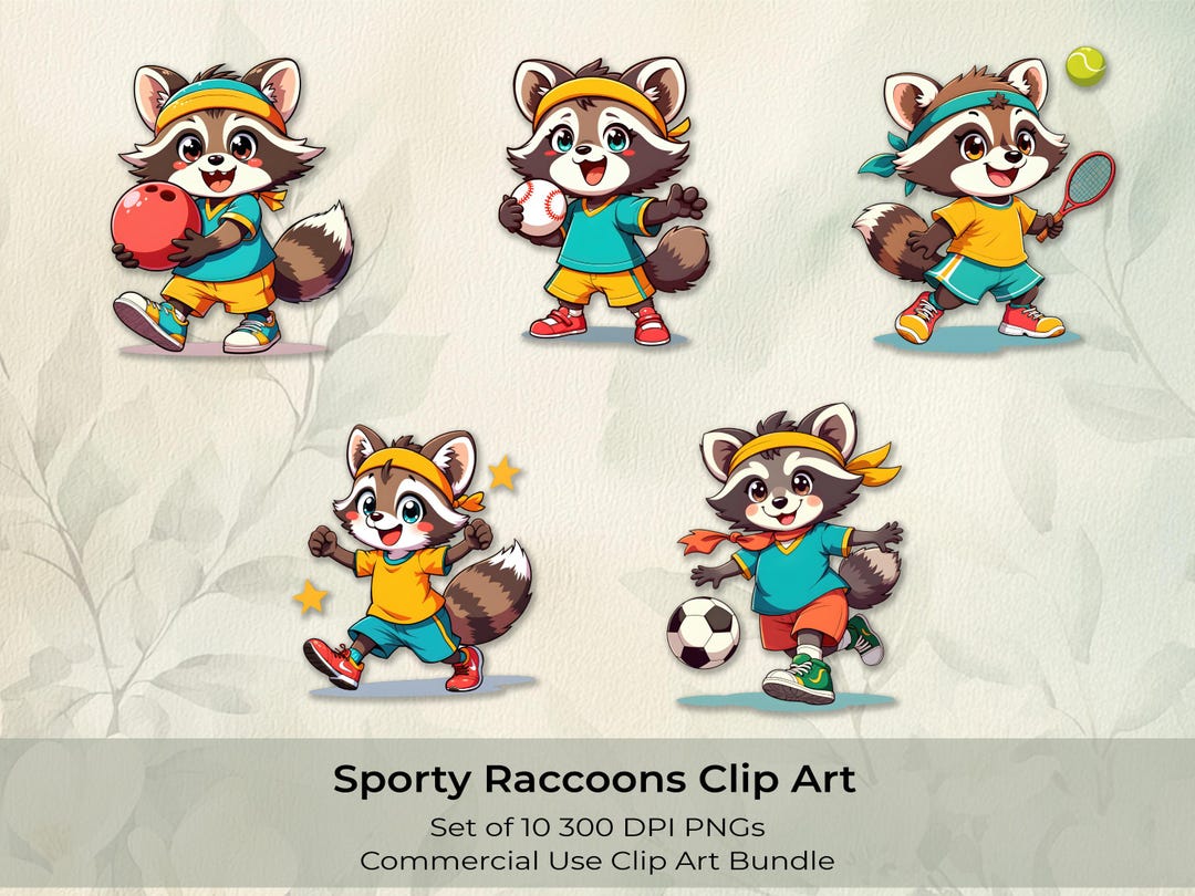 Raccoon Clipart Set, Cute Animal Png, Digital Art Bundle, Sporty Mascot ...