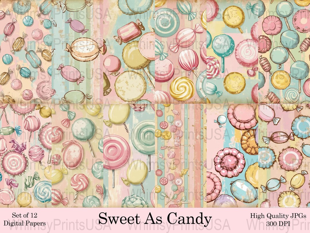Pastel Candy Digital Paper Bundle, 12x12 JPG Backgrounds, Sweet Treats ...