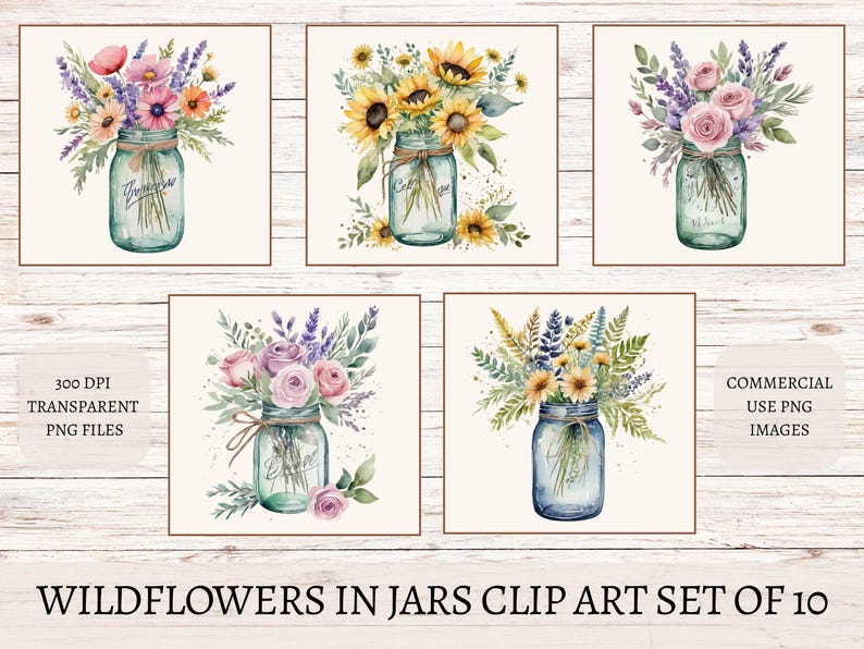 Wildflower Mason Jar Clipart: Rustic Floral PNG Set (digital Download ...