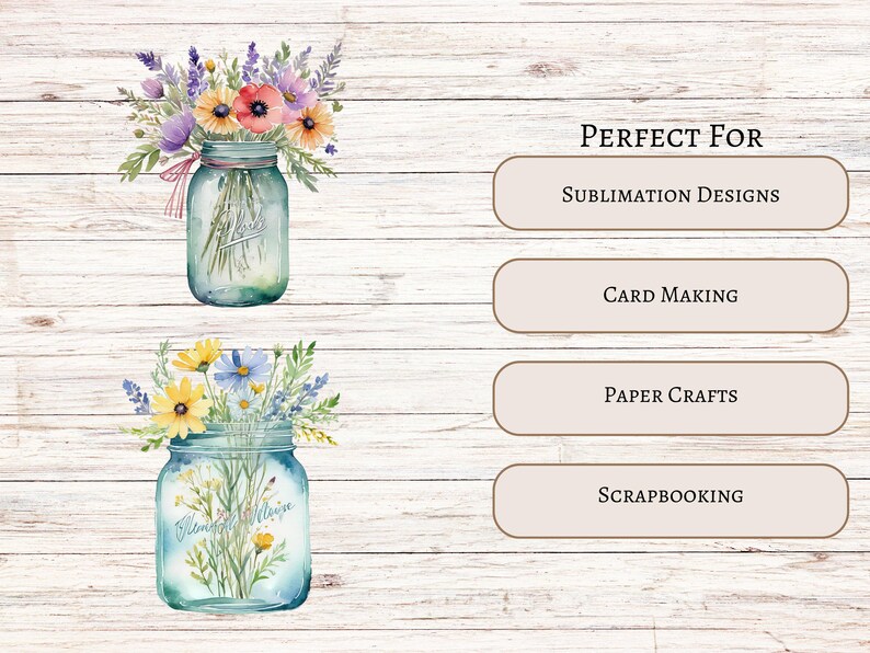 Wildflower Mason Jar Clipart: Rustic Floral PNG Set (digital Download ...