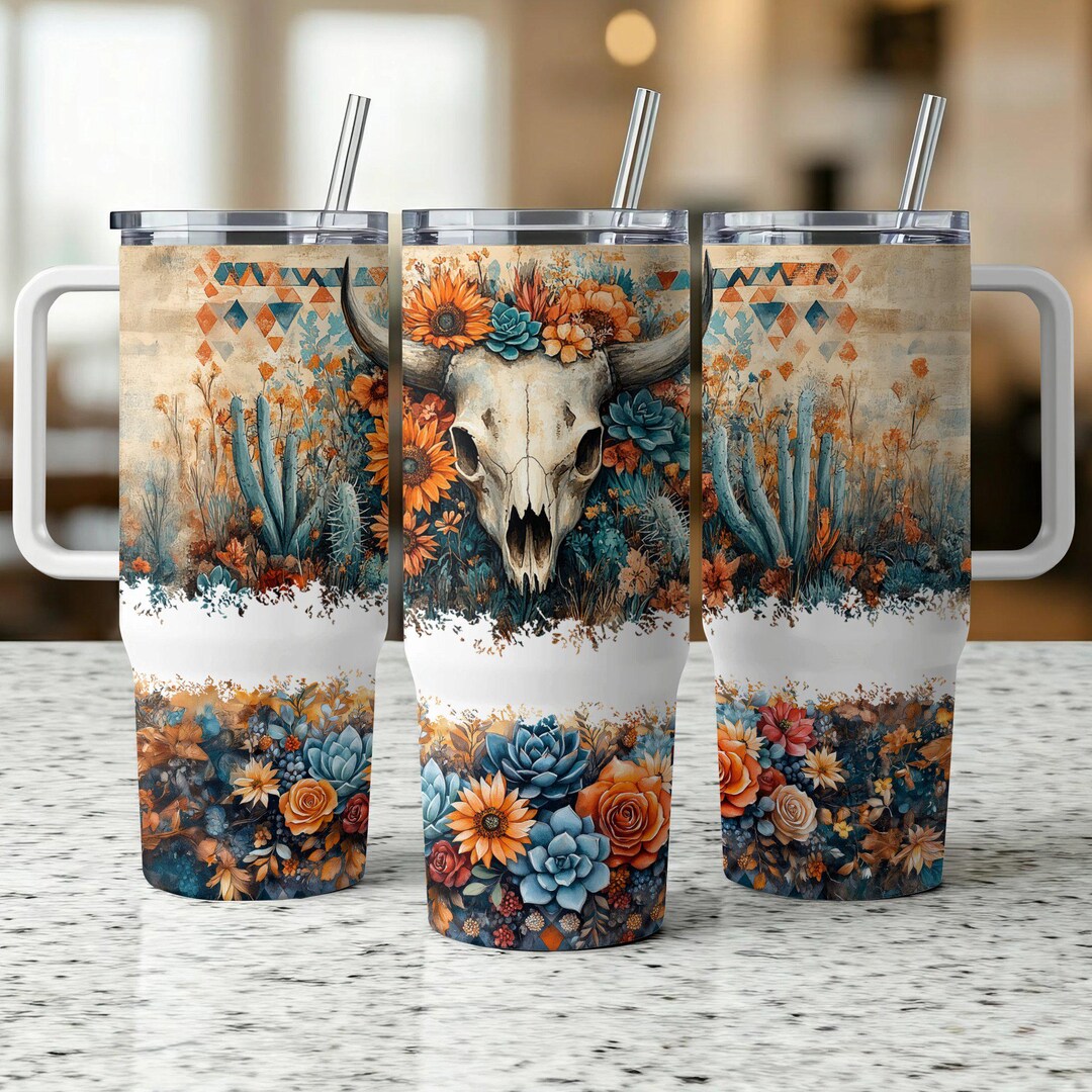 Western Floral Cow Skull 40oz Tumbler Wrap PNG, Boho Succulent Sublimation Design, Southwest ...