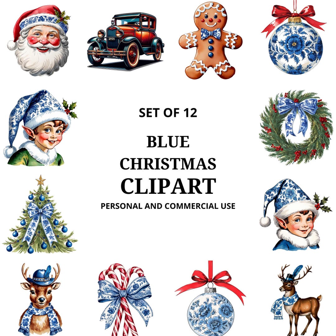 Vintage Blue Christmas Clip Art Graphics in PNG Format for Commercial ...