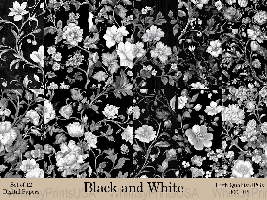 Black and White Floral Digital Paper Bundle, 12x12 JPG Backgrounds ...