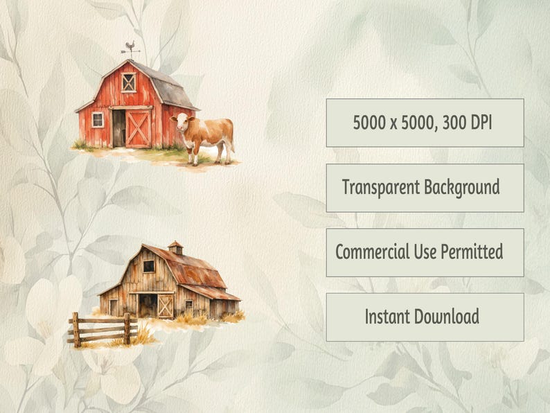 Farmhouse Barn Clipart Set: Rustic Watercolor Barns & Animals, PNG ...