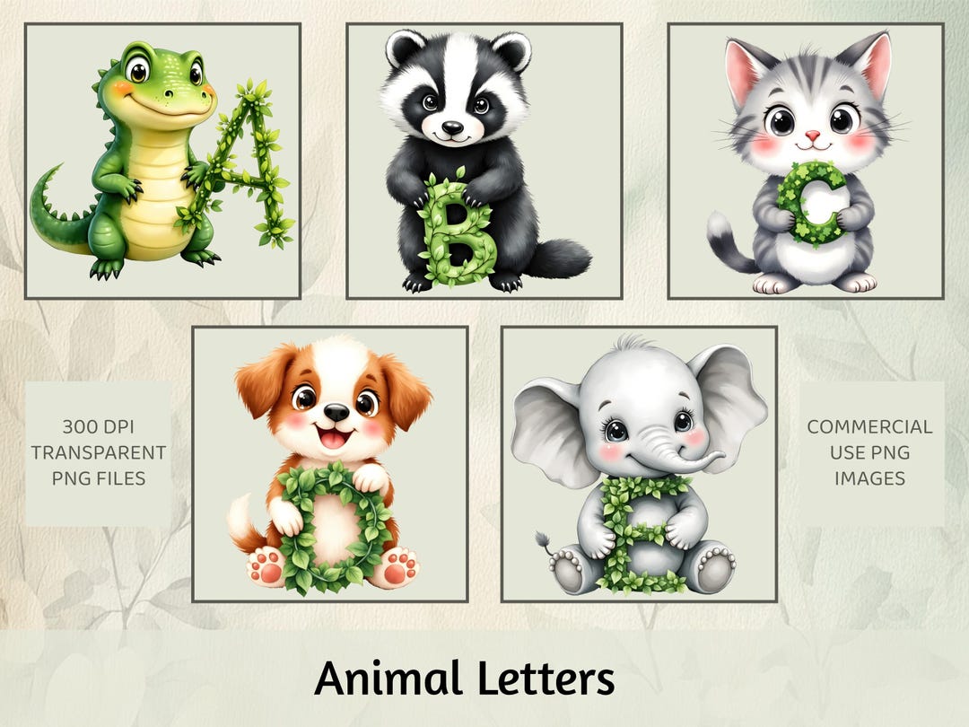 Animal Alphabet Clipart Set: Cute Animal Letters for Kids Crafts, PNG ...