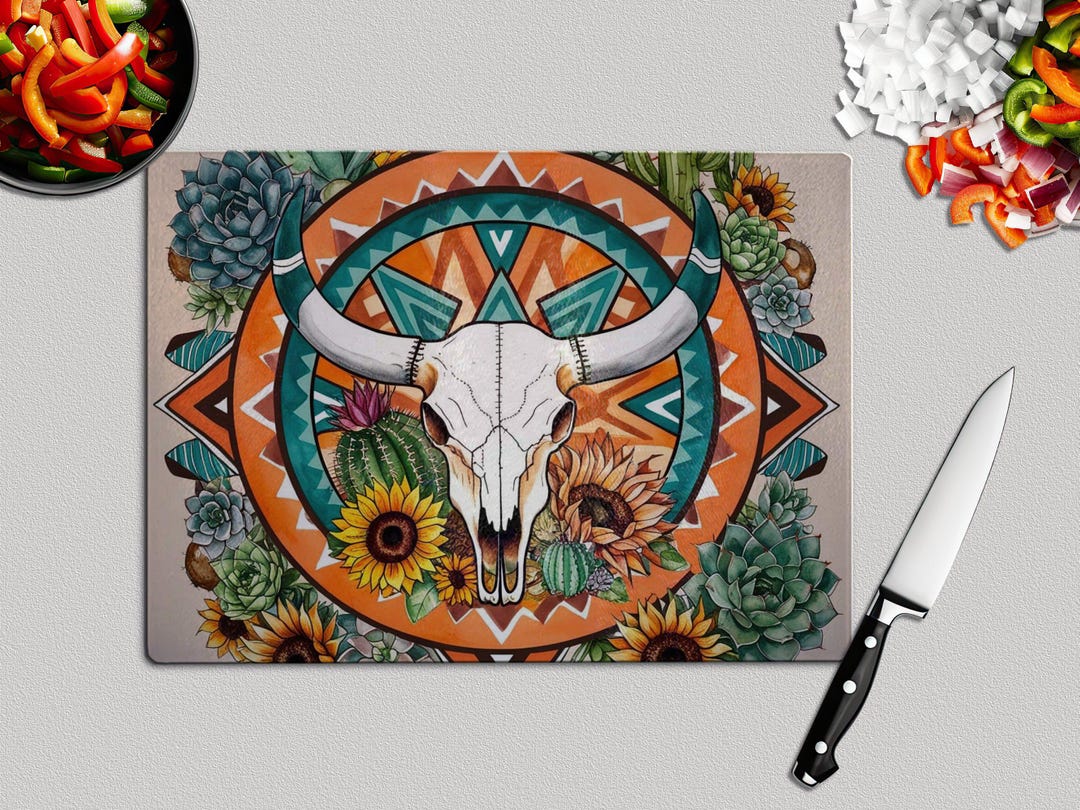 Cutting Board PNG Southwestern Cow Skull Sublimation Design Aztec ...