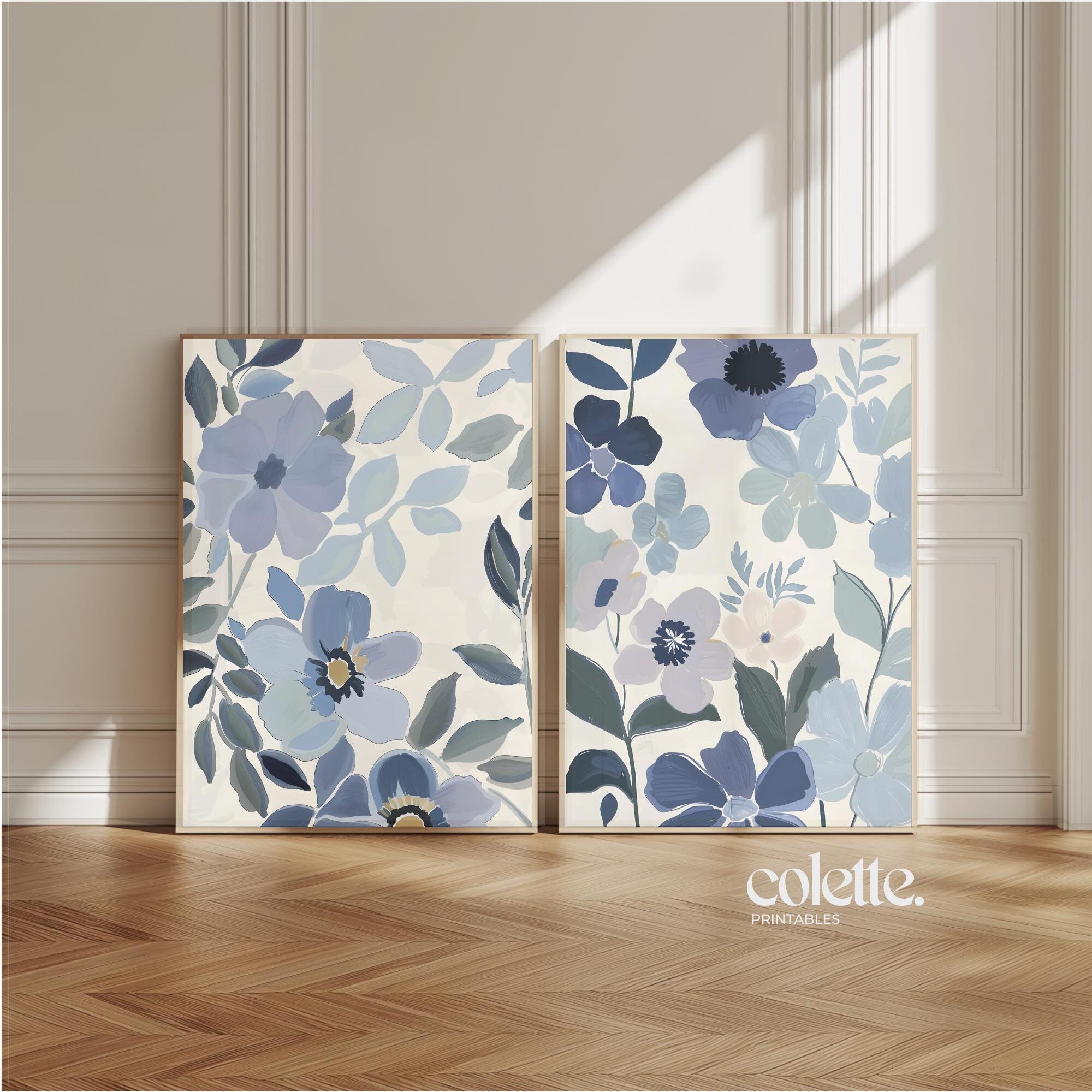 Blue Floral Posters Set of 2 Abstract Flower Wall Art Floral Paintings ...