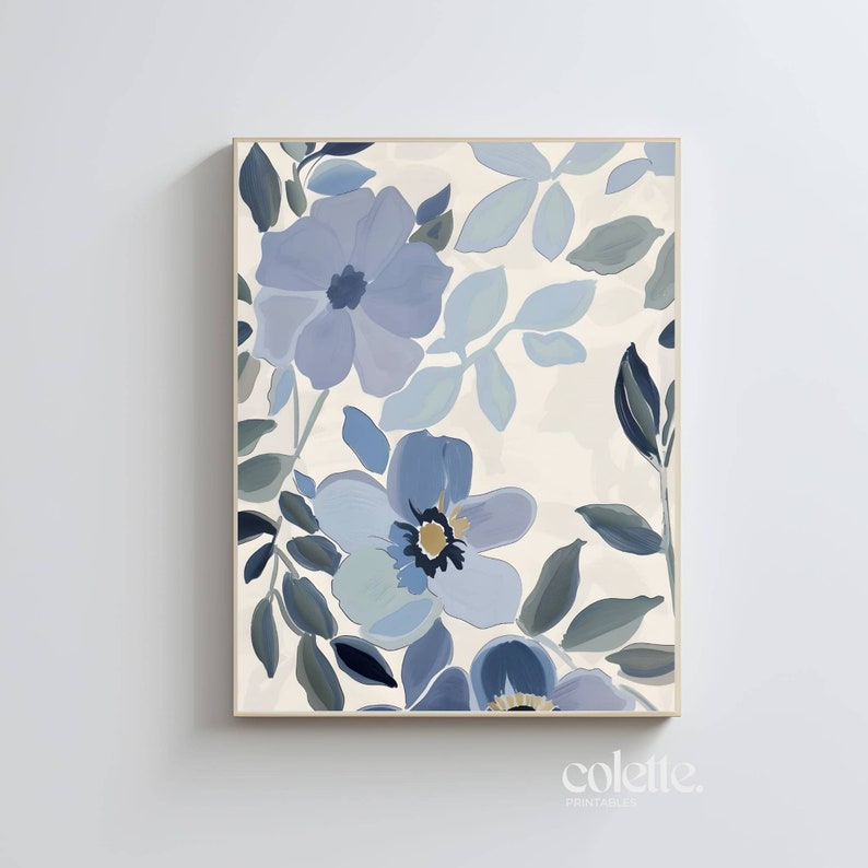 Blue Floral Posters Set of 2 Abstract Flower Wall Art Floral Paintings ...