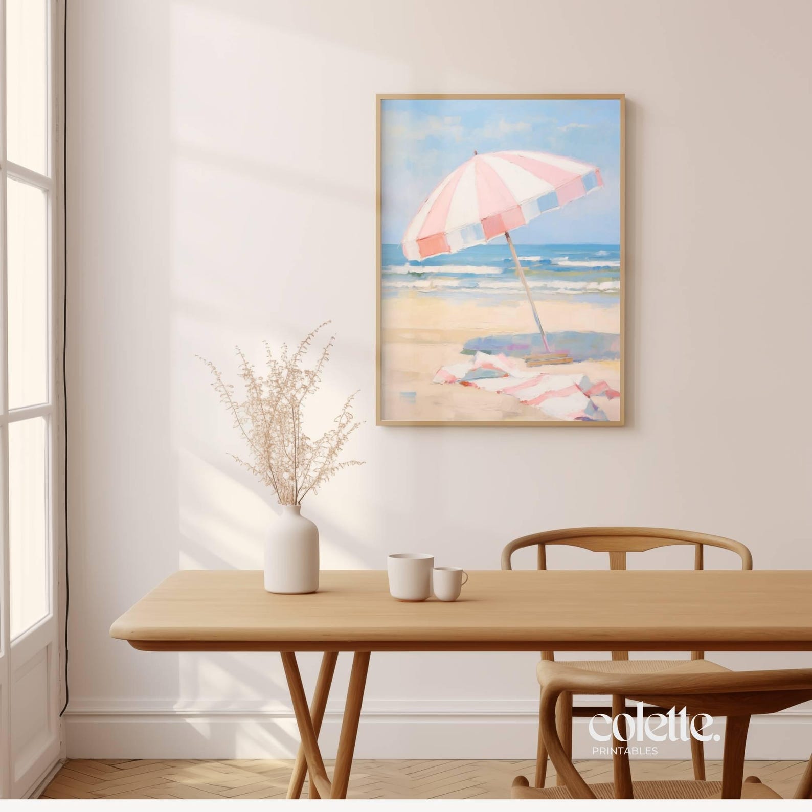 Beach With Umbrella Painting Printable Coastal Beach Poster Pink ...