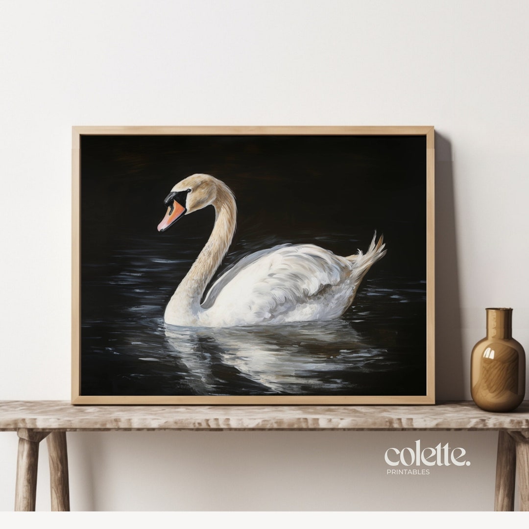 Swan at Night Vintage Oil Painting, Printable Wall Art,digital Download ...
