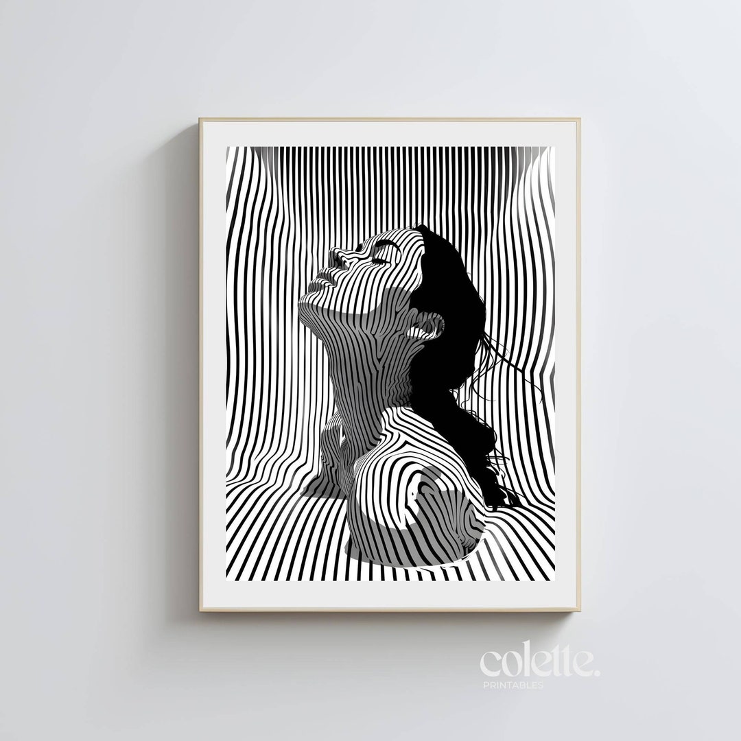 Woman Optical Illusion Poster Printable 3D Line Wall Art Black and ...