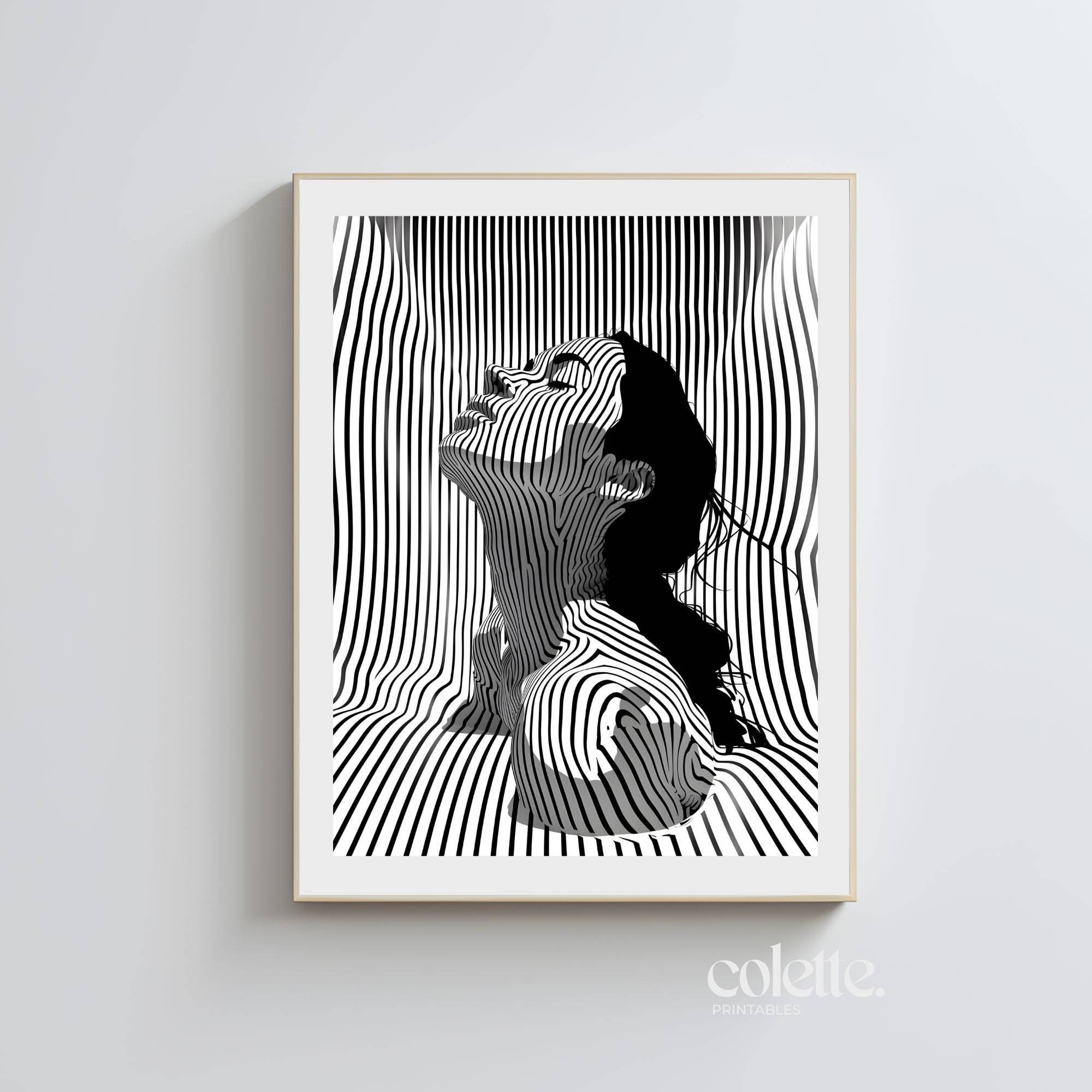 Woman Optical Illusion Poster Printable 3D Line Wall Art Black and ...