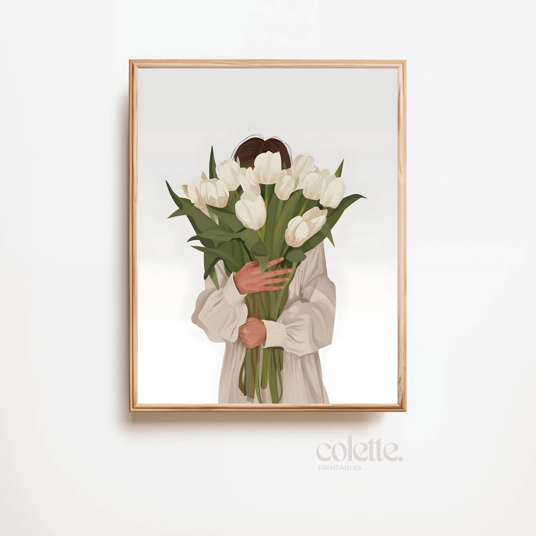 Woman With Tulips Painting Printable White Flower Poster Girl With ...