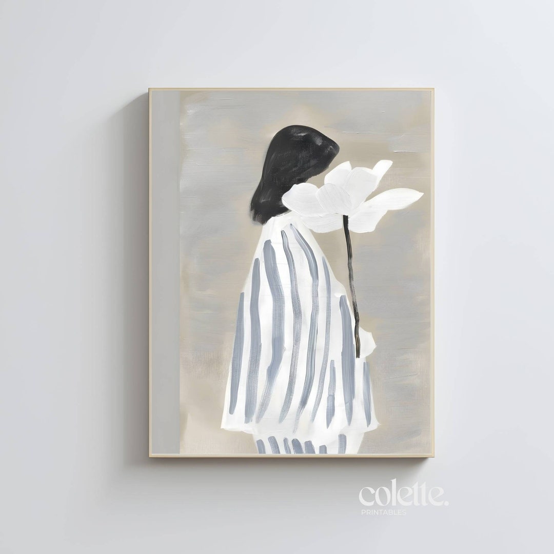 Woman in Stripes Oil Painting White Flower Wall Art Floral Posters ...