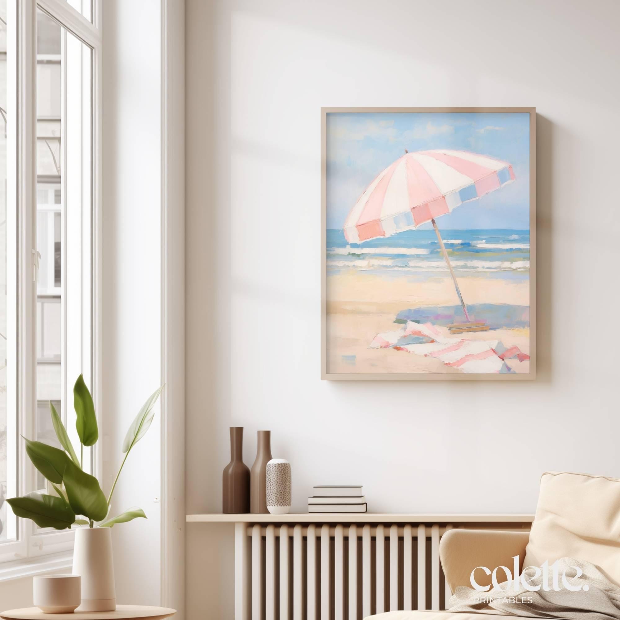 Beach With Umbrella Painting Printable Coastal Beach Poster Pink ...