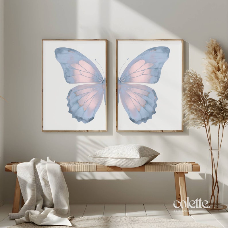 Blue Pink Split Butterfly Wall Art Set of 2 Butterfly Wings Painting ...