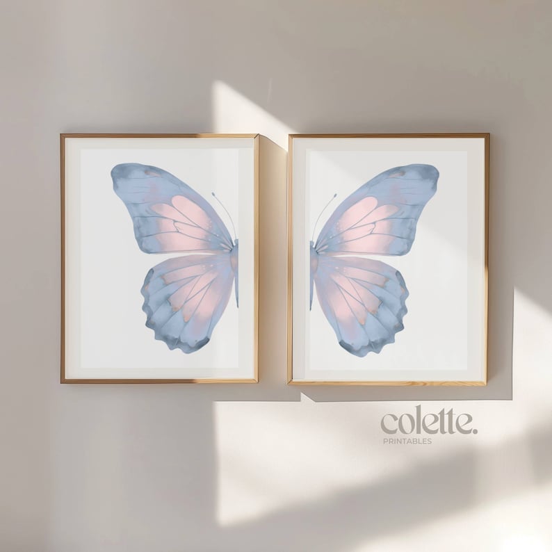 Blue Pink Split Butterfly Wall Art Set of 2 Butterfly Wings Painting ...